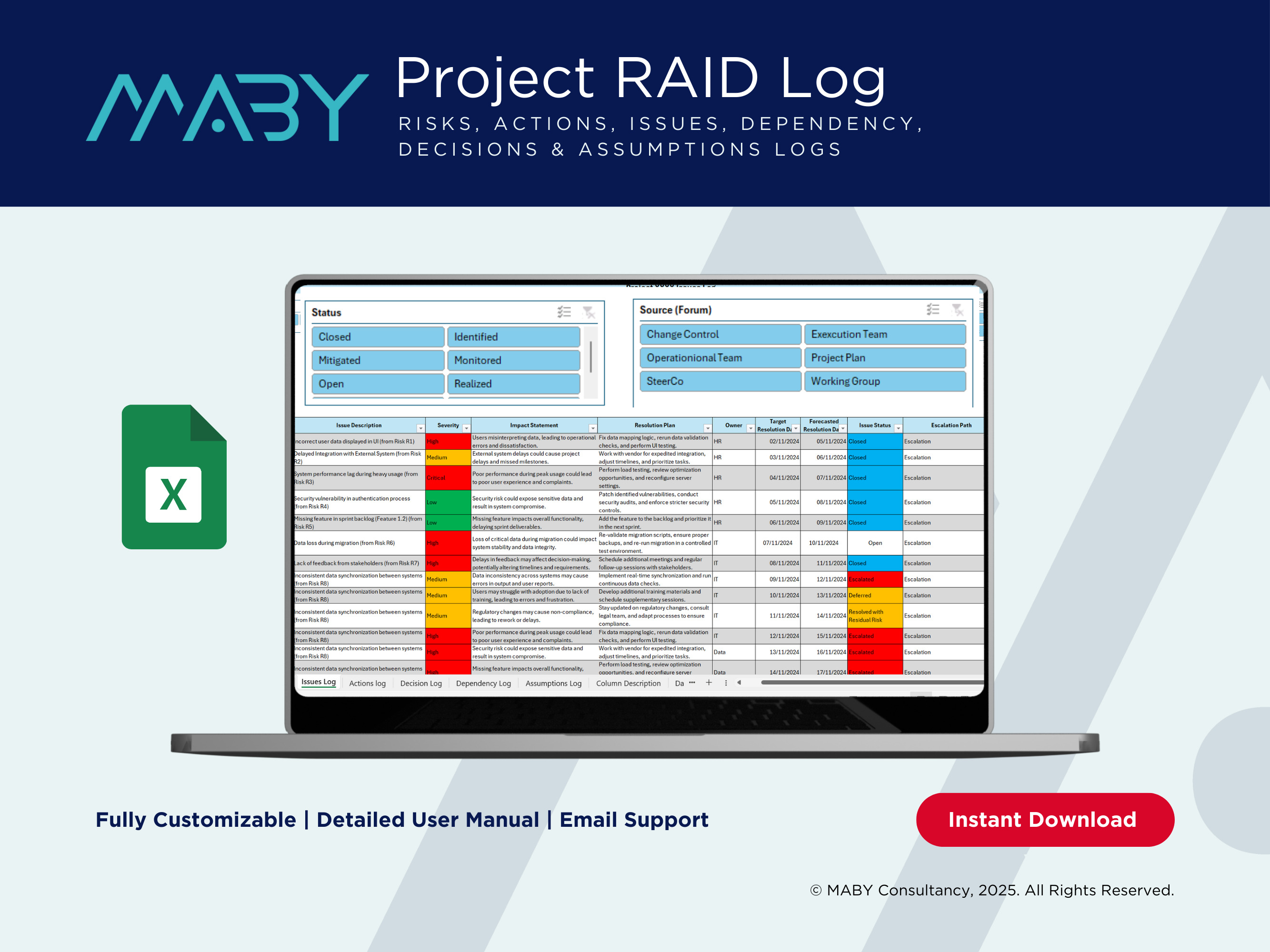 Project RAID Log – MABY Consultancy Excel Template